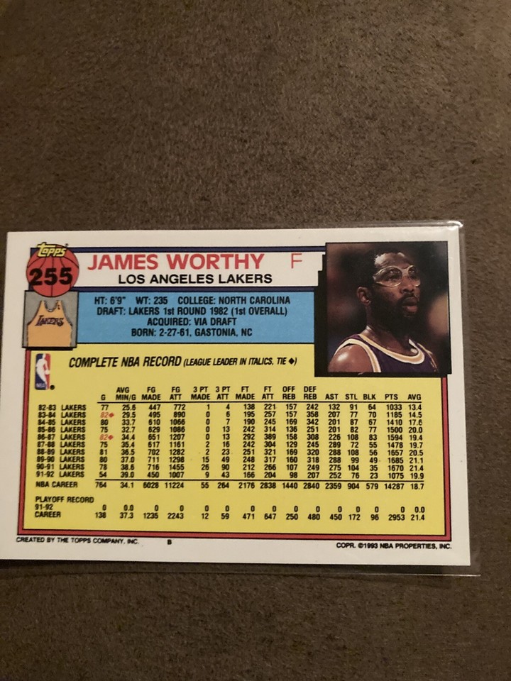 1993 Topps James Worthy Card 255 Mint Original NBA Basketball USA Made ...