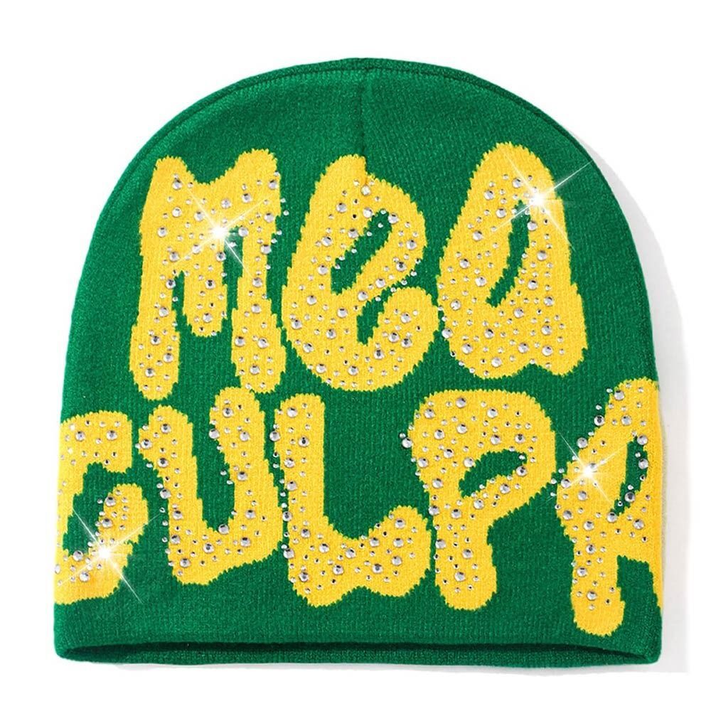 Warm MEA Culpa Beanies Hat with Rhinestone Knitted Slouchy Cap for ...
