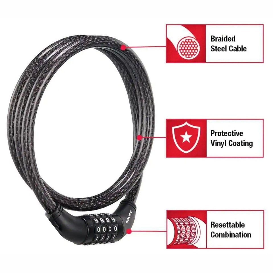 POLICE Cable Lock Combination Bicycle Bike Scooter Keyless Cable Lock ...