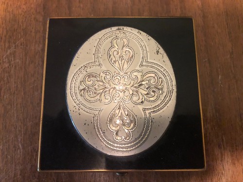 Brass vintage compact powder case painted black/silver design on cover ...
