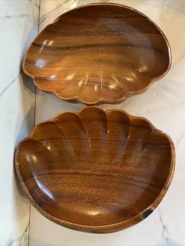 Vintage Hawaiian WAIKIKI WOODS Monkey Pod Bowl Pair, Clam Shell Shape ...