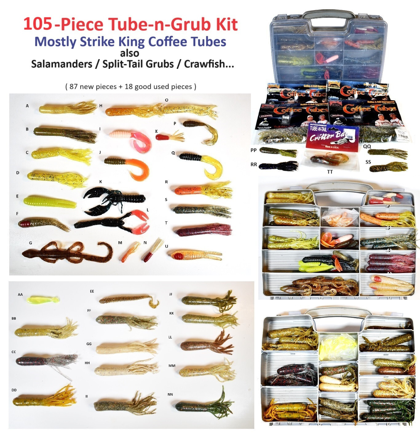 105-Piece STRIKE KING COFFEE TUBES & GRUB Soft Plastic TACKLE BOX Bait ...