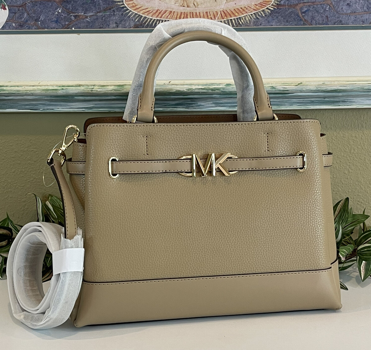 MICHAEL KORS REED LARGE BELTED SATCHEL SHOULDER BAG TOTE MK CAMEL TAN ...