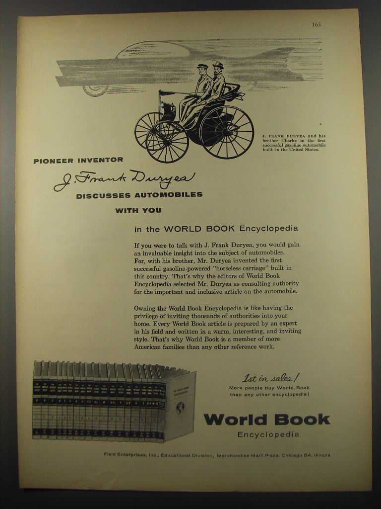 1956 World Book Encylopedia Ad - Pioneer inventor J. Frank Duryea | eBay