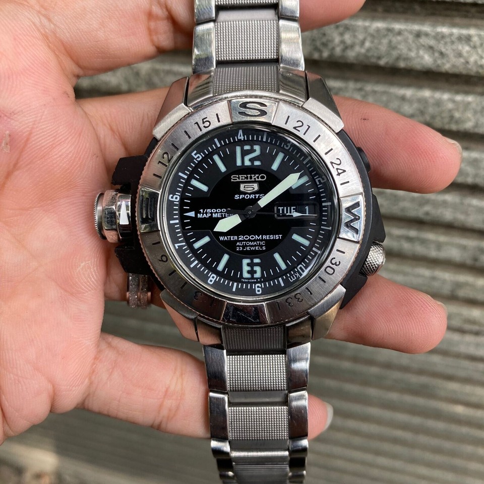 RARE Seiko 5 Sport Atlas Map Meter Automatic Black Dial Men Watch ...
