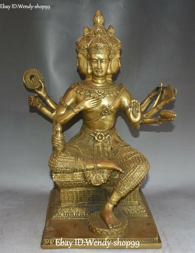 15" Tibet Pure Bronze Seat Lotus Buddhism 4 Heads 8 Arms India Buddha ...