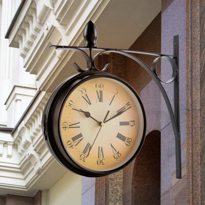 Metal Vintage Outdoor Double Sided Clock with Station Bracket Garden ...
