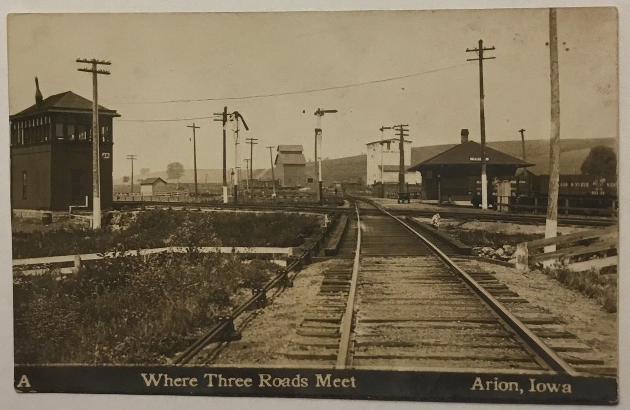1910 Real Photo Postcard Arion, Iowa Where Three Roads Meet Depot and ...