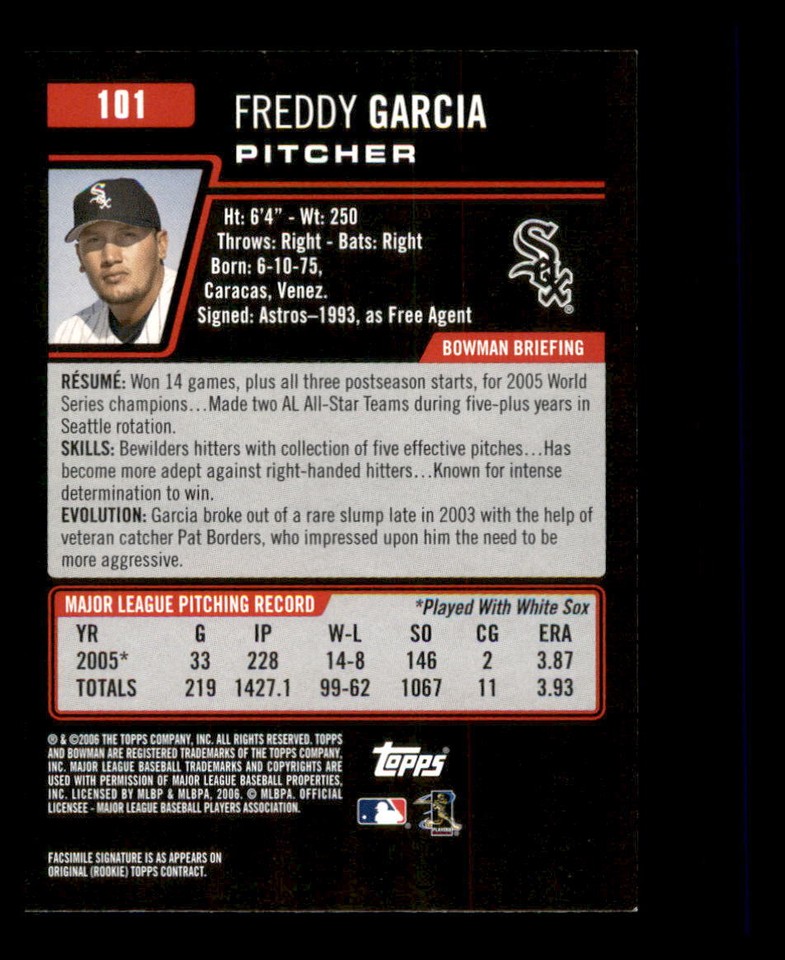 2006 Baseball Bowman Freddy Garcia Chicago White Sox #101 | eBay