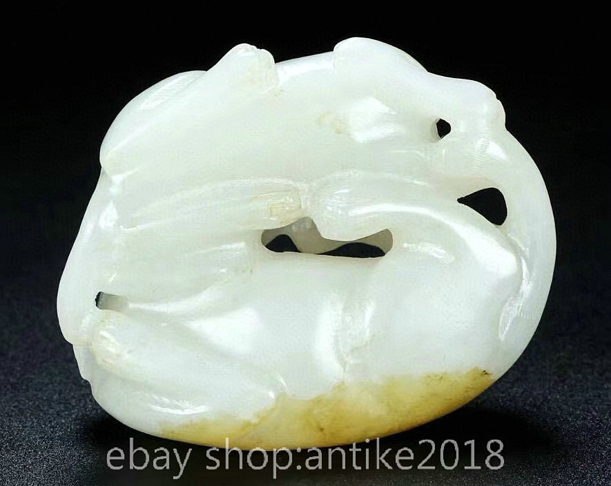 2.4" Chinese Natural Hetian Jade Hand Carving Fengshui 2 Beast Play ...
