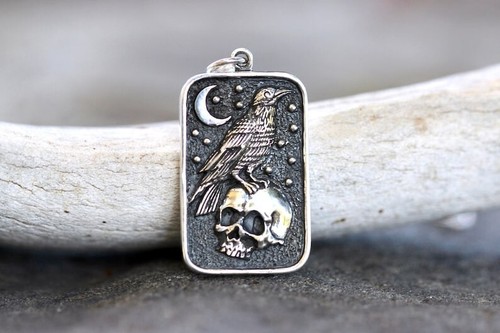 Raven Charm Sterling Silver Raven Pendant Skull Necklace Without Chain ...