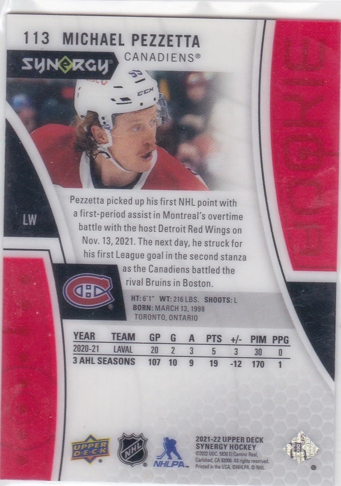 2021/22 SYNERGY..MICHAEL PEZZETTA..RED ACETATE..ROOKIE..CARD # 113 ...