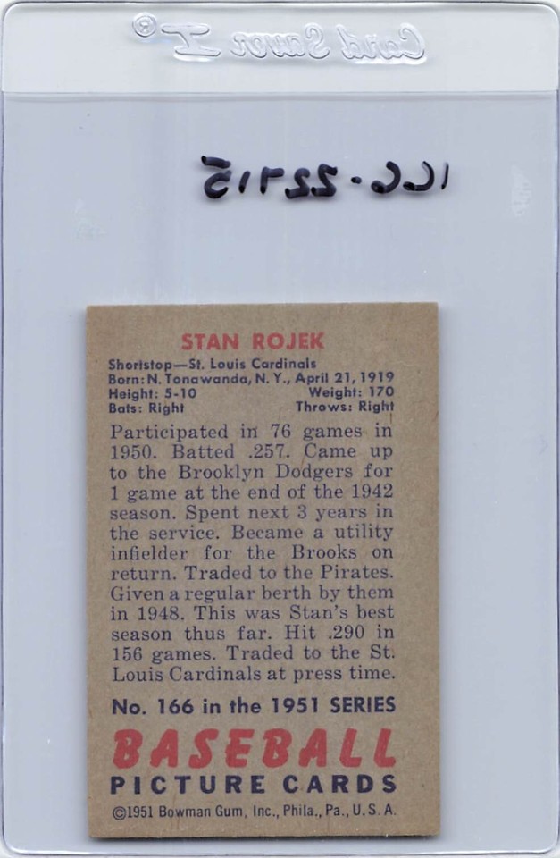 1951 Bowman #166 Stan Rojek Cardinals VG/EX 51B166-22715-1 | eBay