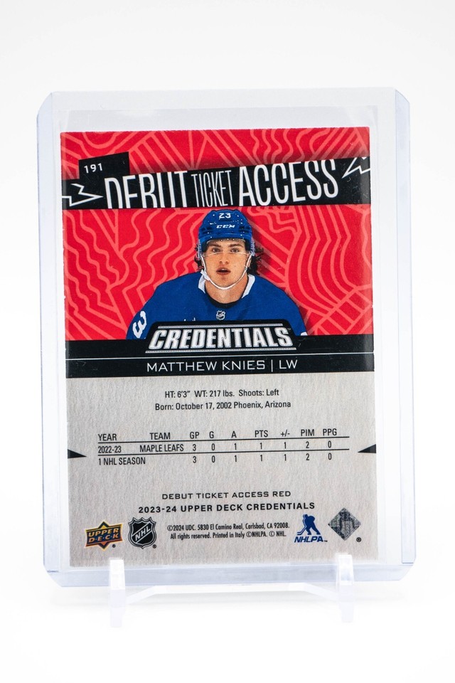 2023-24 Credentials Matthew Knies Debut Ticket Access Red /349 #191 ...