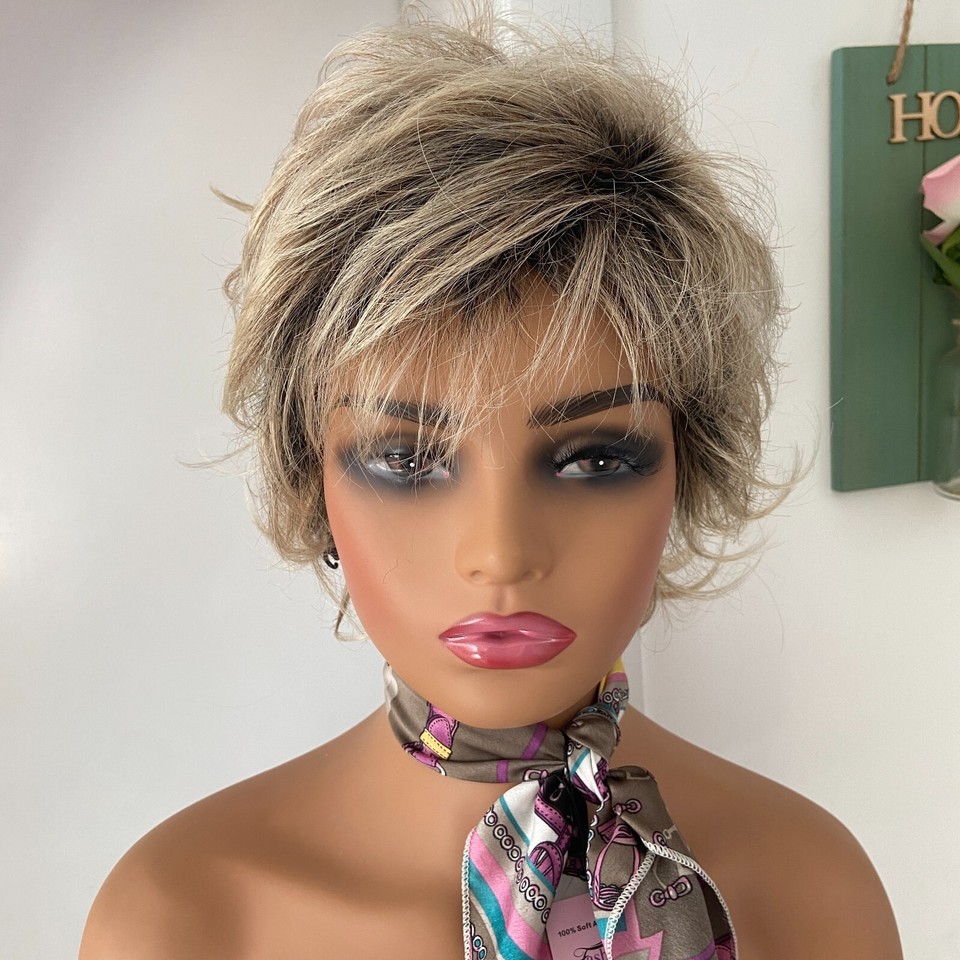 Rooted Spun Blonde Mix Short Layered Wavy Synthetic Hair Wig Women Soft ...