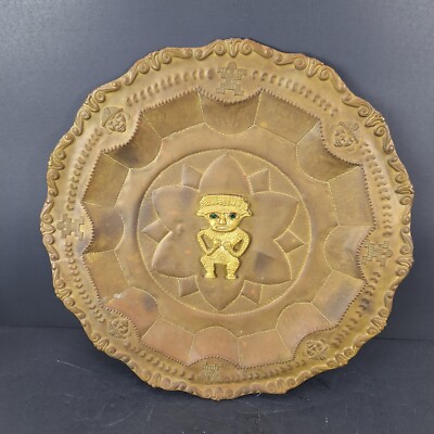 Vintage Brass Aztec Mayan Charger Tray Wall Art Plate With 3D Figure 15 ...