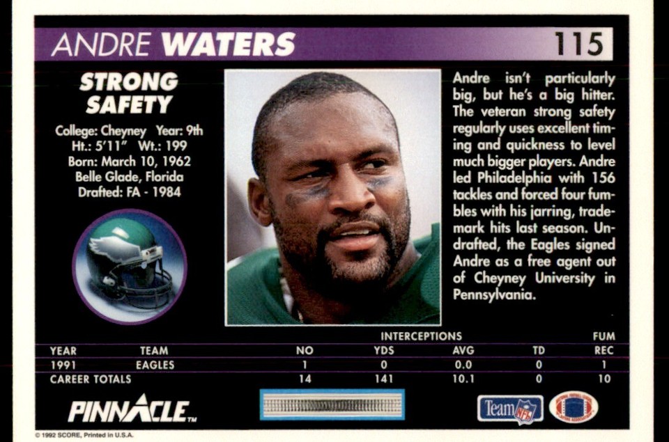 1992 Pinnacle Andre Waters Philadelphia Eagles #115 | eBay