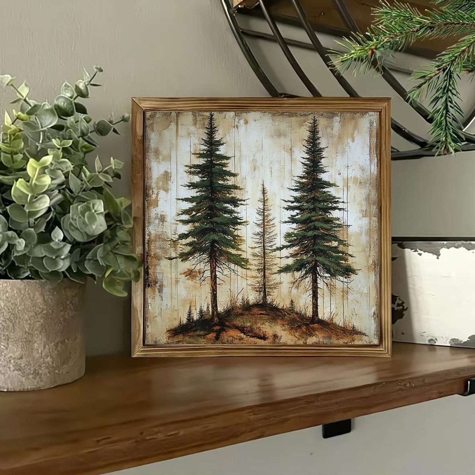 Rustic Framed Pine Tree Art Vintage Forest Landscape Farmhouse Wooden ...