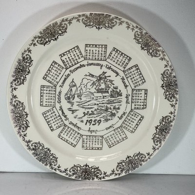 1959 10” Calendar Plate Taylor Smith Taylor Ivory Gold Accents Dated 8/ ...