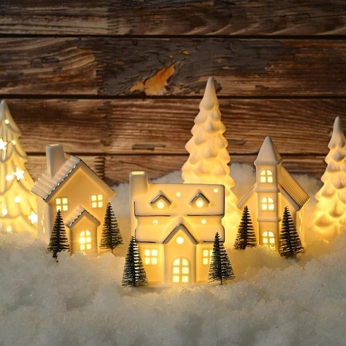 Light Up Ceramic Christmas Village Houses Rustic Holiday Decor Gift Set ...