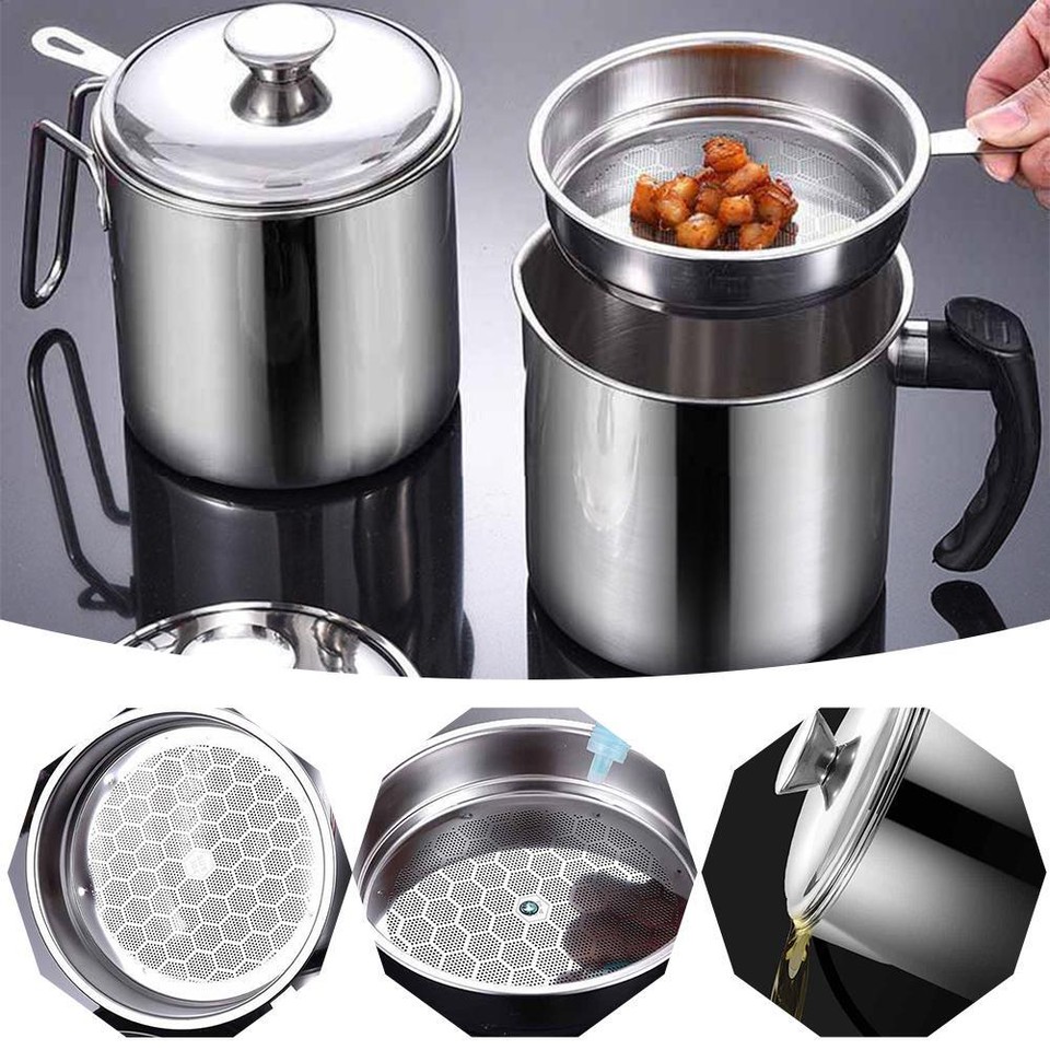 1.3L Steel Oil Strainer Pot with Lid Oil Storage Can Container{ | eBay