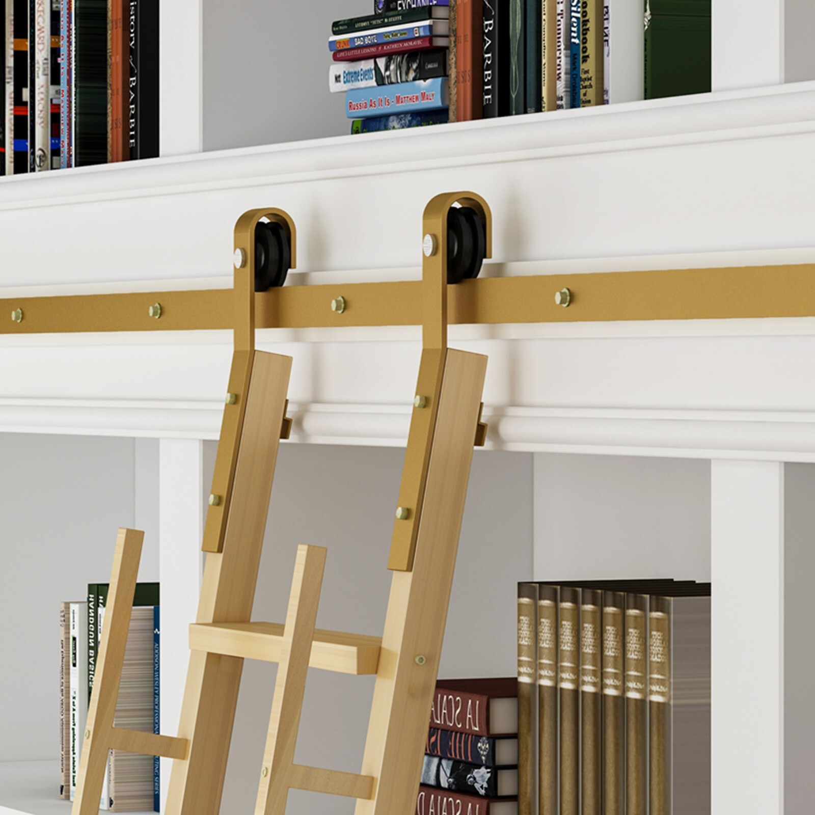 Vertically Stored Golden Steel Sliding Rolling Library Ladder Hardware ...