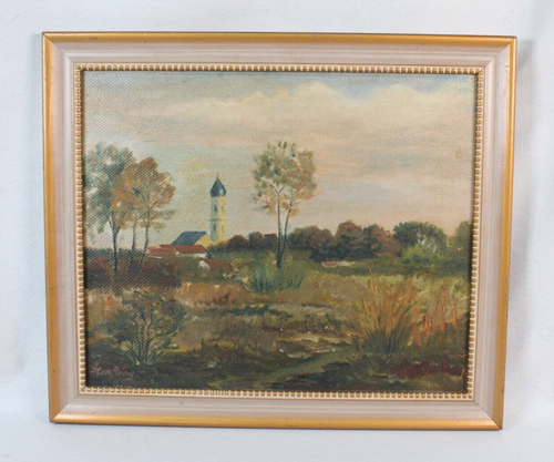 Antique Landscape Church Steeple Oil Painting On Board Signed Illegible ...