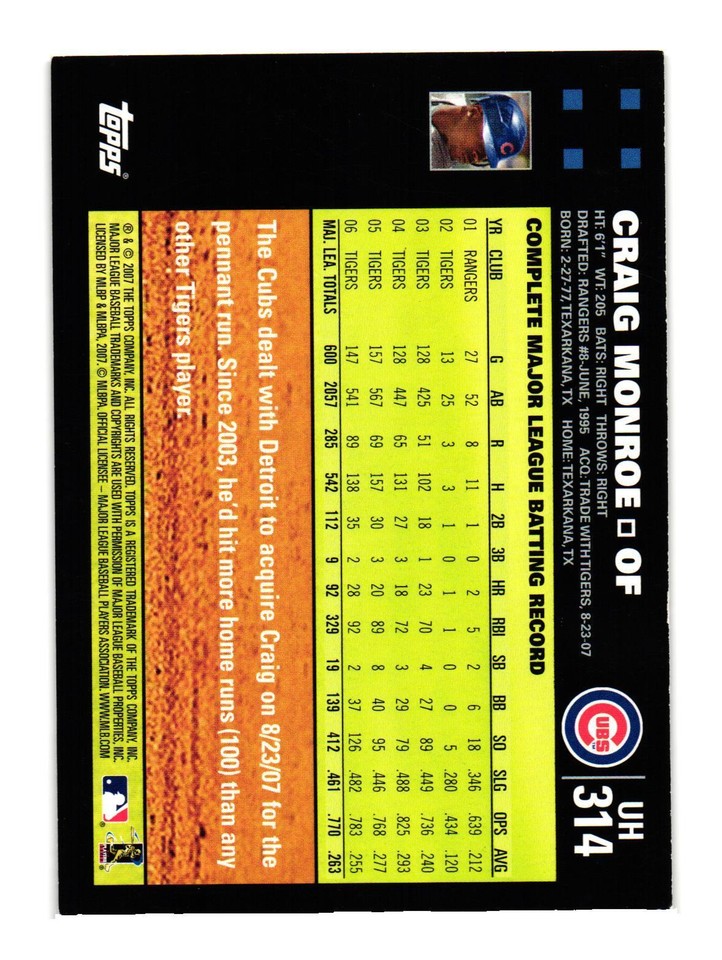 2007 Topps Updates & Highlights #UH314 Craig Monroe Chicago Cubs | eBay