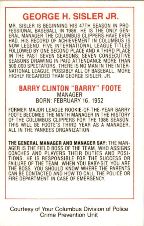 1986 Columbus Clippers Police #21 Barry Foote & George H. Sisler, Jr ...