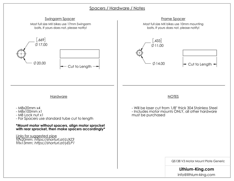 MX Conversion Kit | Universal Motor Mounts for QS138 70H V3 Dirt Bike ...
