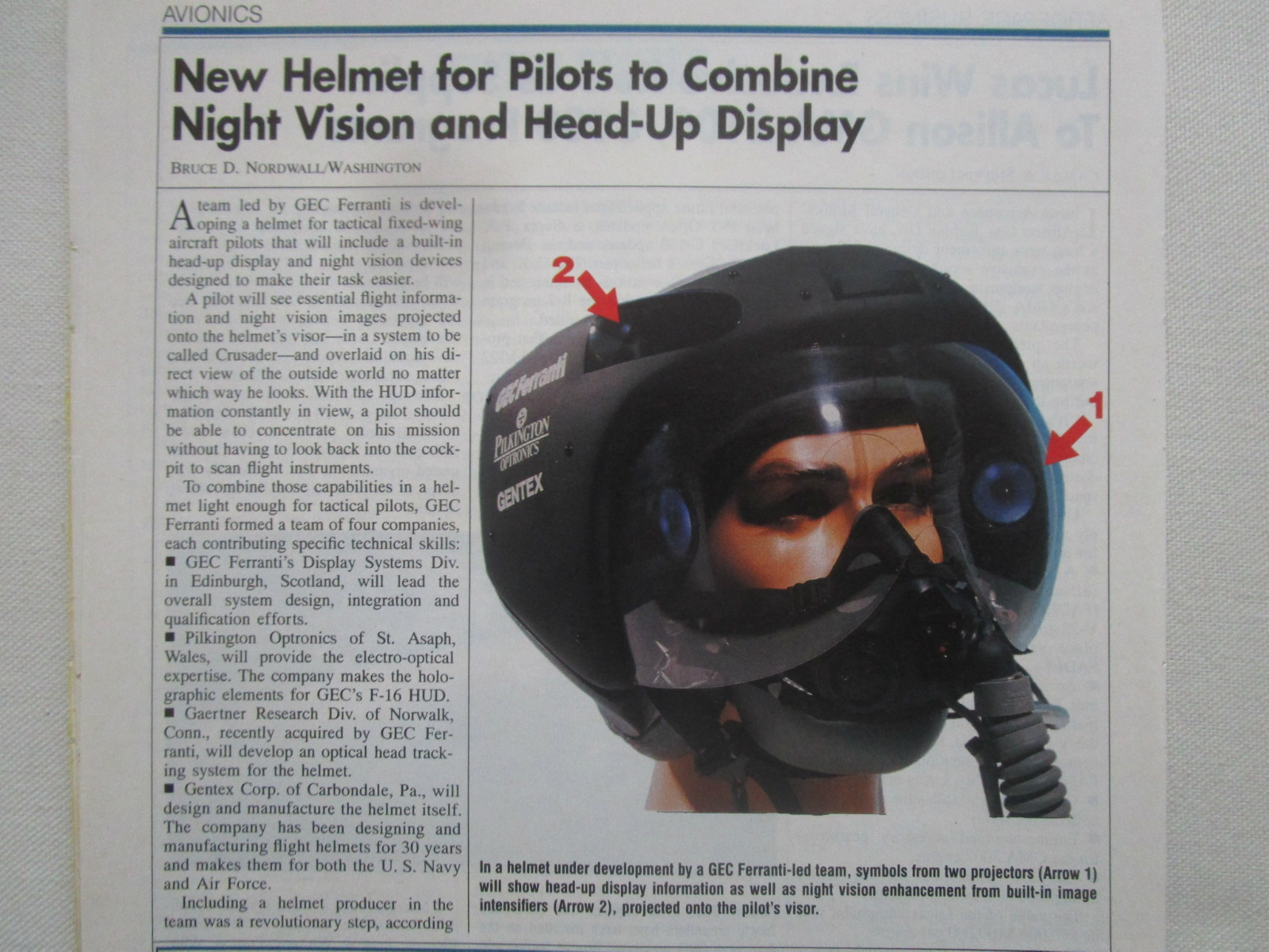 11/1991 ARTICLE 1 PAGE NIGHT VISION HEAD-UP DISPLAY HELMET GENTEX GEC ...
