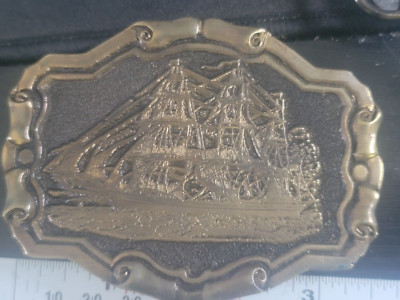 Tall Ship Adezy Denver Bronze Belt Buckle with Rare Scroll Frame Vintage 1978 | eBay