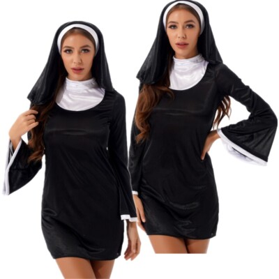 Womens Nun Role Play Costume Set Tutleneck Dress with Headscarf Fancy ...