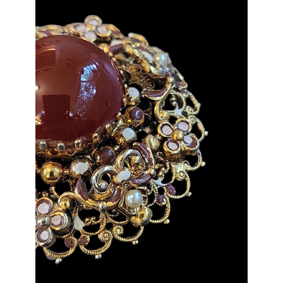 Vintage Austrian Gold Filigree Brooch Pin Faux Carnelian Cabochon ...