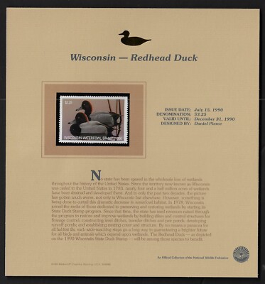 WISCONSIN REDHEAD DUCK, DUCK STAMP 1990 ON FLEETWOOD DISPLAY PAGE, MNH ...