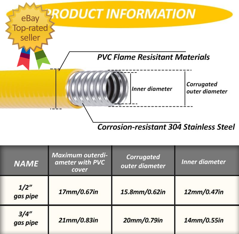 100FT 1/2" CSST Flexible Propane Natural Gas Line, Corrugated Stainless ...