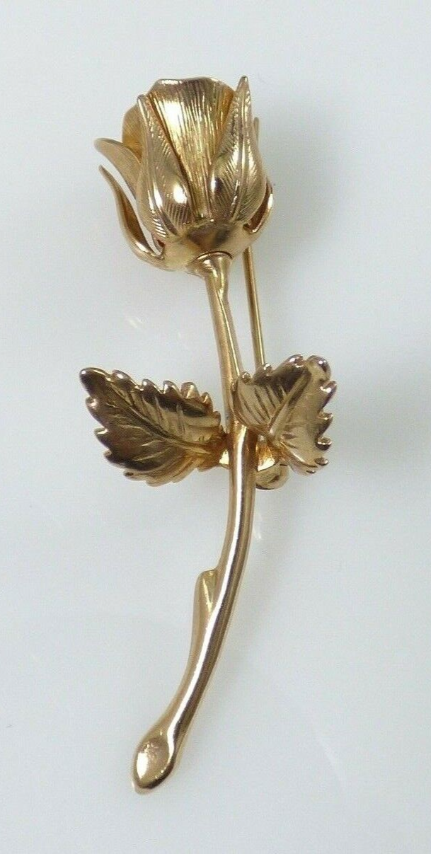 Rose Brooch Pins Gold Tone Metal with Leaves Stems Red Enamel Lot of 2 ...
