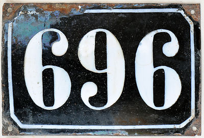 Large old black French house number 696 door gate plate plaque enamel ...