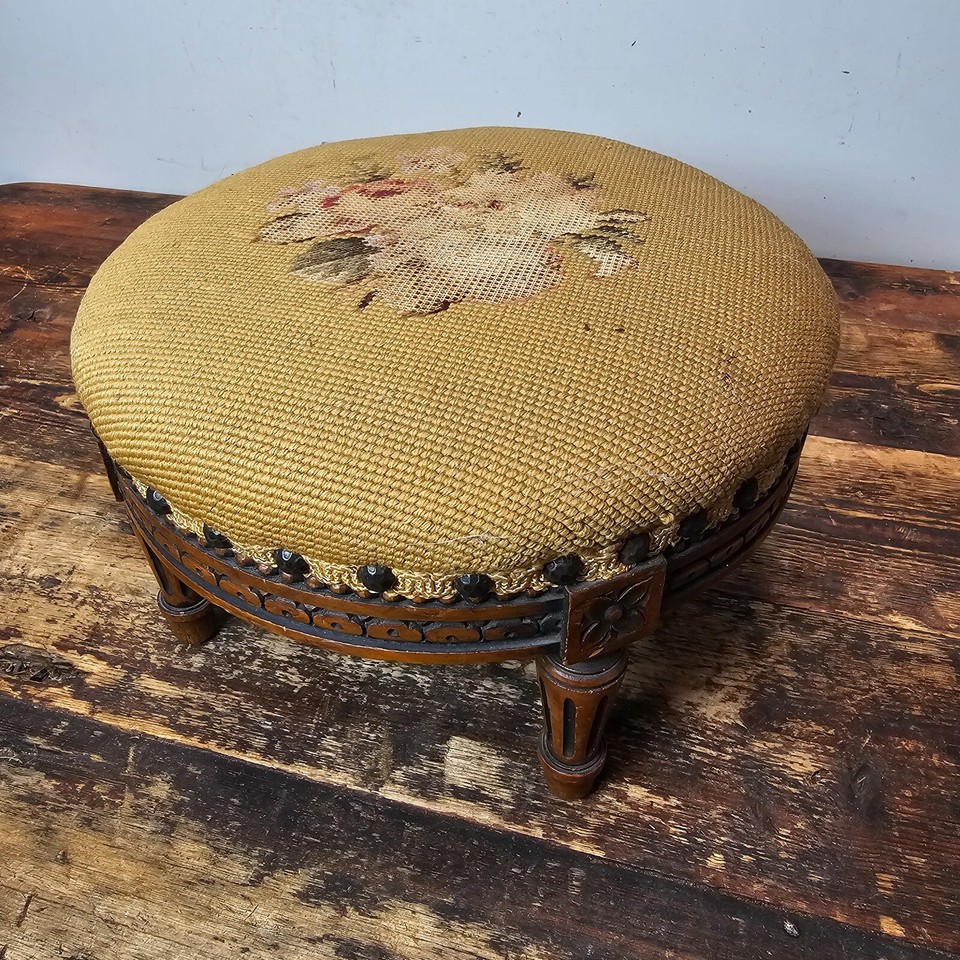 Antique French Petit Point Embroidered Footstool 11.5"Diam × 7.5"H | eBay