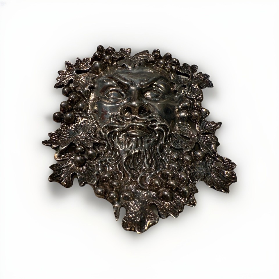 Large Sterling Silver Bacchus Green Man Brooch Pin Signed Grape Vine ...