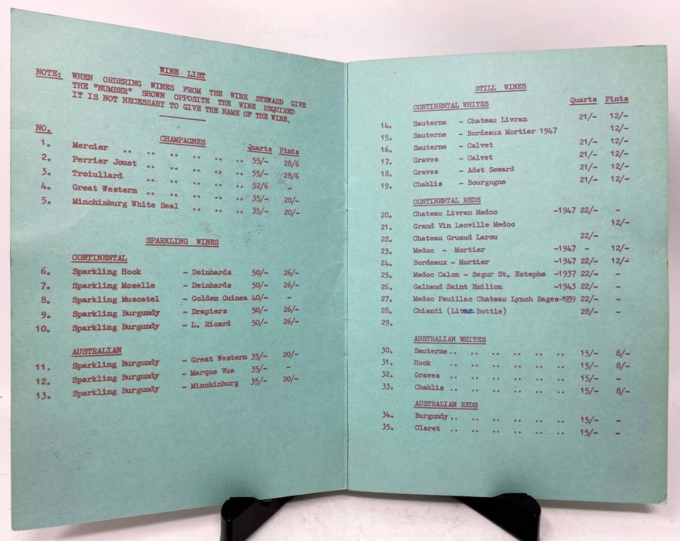 Vintage 1952 Hotel Waterloo Wine List Menu Wellington New Zealand | eBay