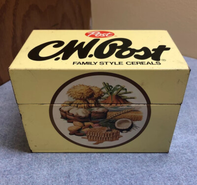 C.W. Post Cereal Metal Recipe File Box Vintage Kitchen Storage 5x4x3 ...
