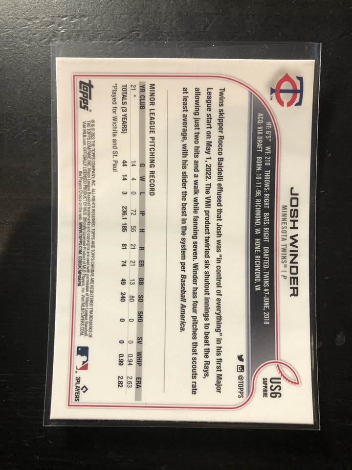 2022 Topps Update Sapphire Josh Winder RC Minnesota Twins #US6 Card PWE ...