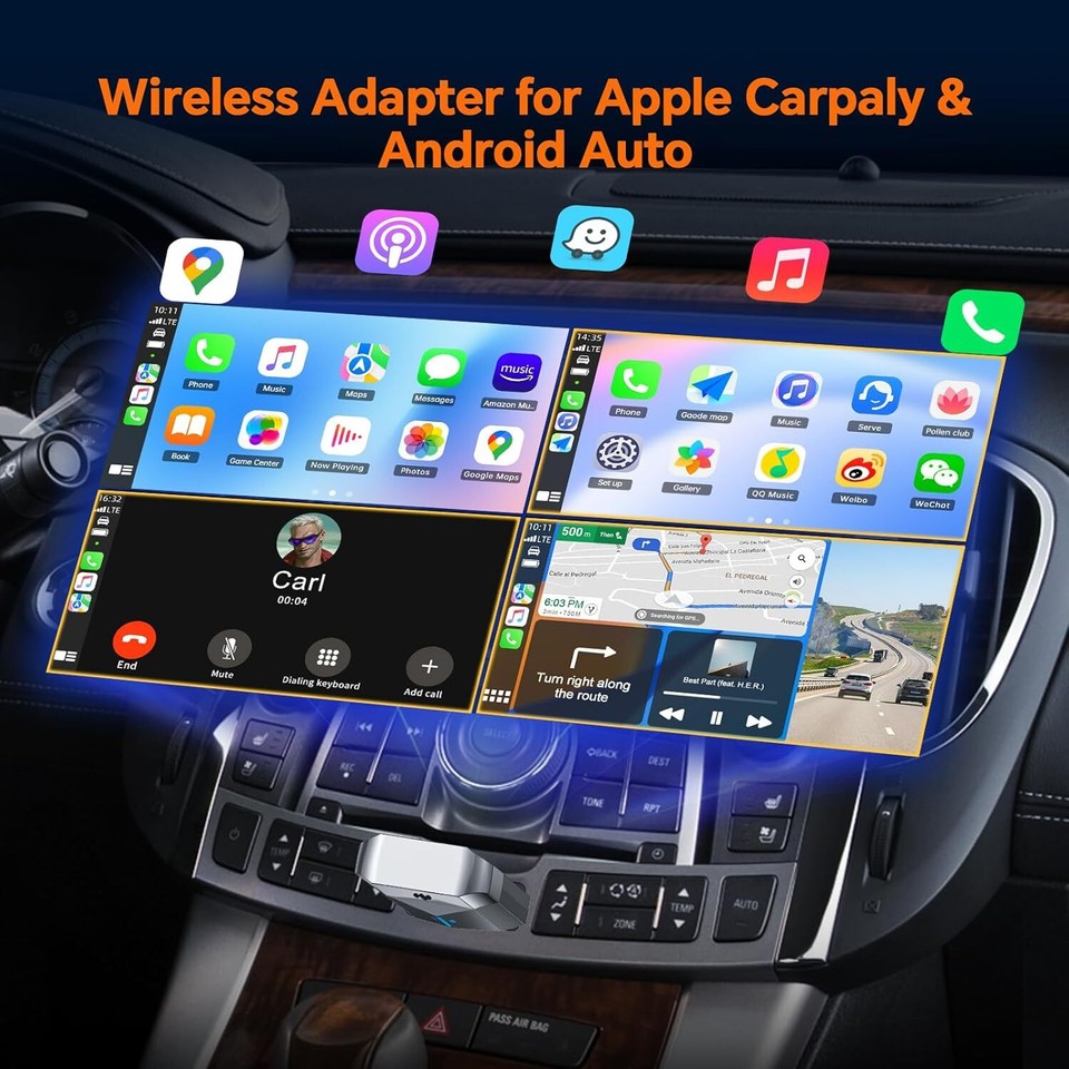 2 in 1 5Ghz WiFi USB Type-C Wireless Android Auto Adapter Apple CarPlay ...