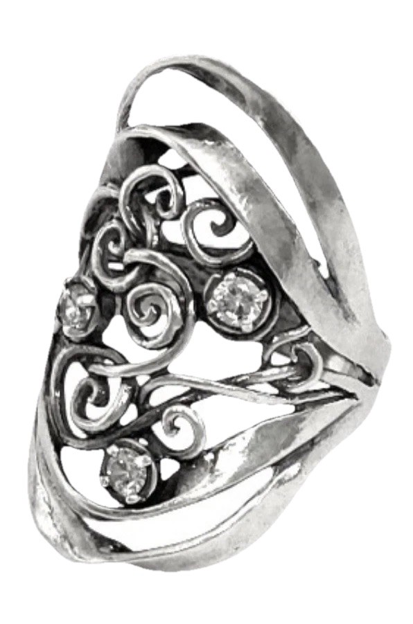 NOA ZUMAN~ISRAEL Tall Sterling Silver Scroll CUBIC ZIRCONIA Ring~Size 9 ...