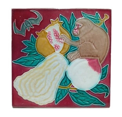 Rare Vintage Japan Tile Monkey,Bat & Fruit Design Majolica Ceramic Tile ...