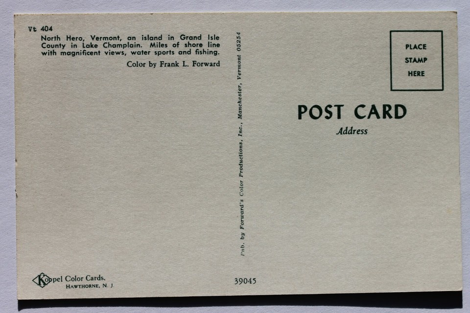 Postcard NORTH HERO ISLAND IN GRAND ISLE COUNTY, LAKE CHAMPLAIN ...