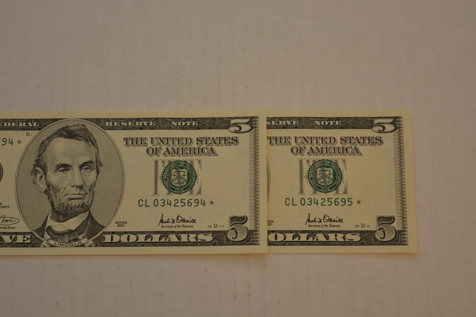 2 USA $5 Dollar 2001 Star Note San Francisco 2 Consecutive Serial ...