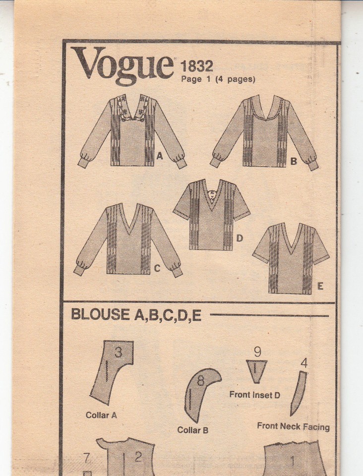 Vogue 1832 Blouse Loose Fit Variations Sewing Pattern Size 8-10-12 ...