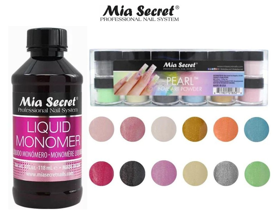 Mia Secret Liquid Monomer 4oz & Acrylic Powder Pearl SET 12 colors 1/4 ...